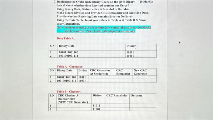 Solved 7. Implement the Cyclic Redundancy Check on the given | Chegg.com