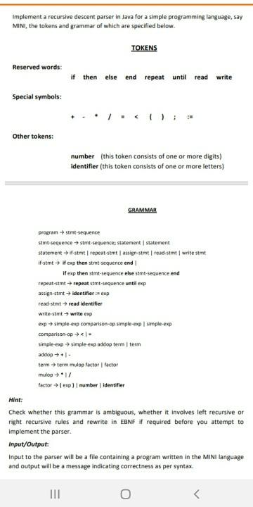 Solved Implement a recursive descent parser in Java for a | Chegg.com