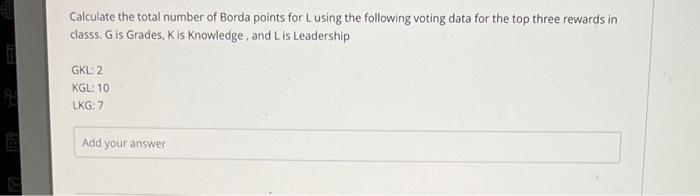 Solved Calculate the total number of Borda points for Lusing | Chegg.com