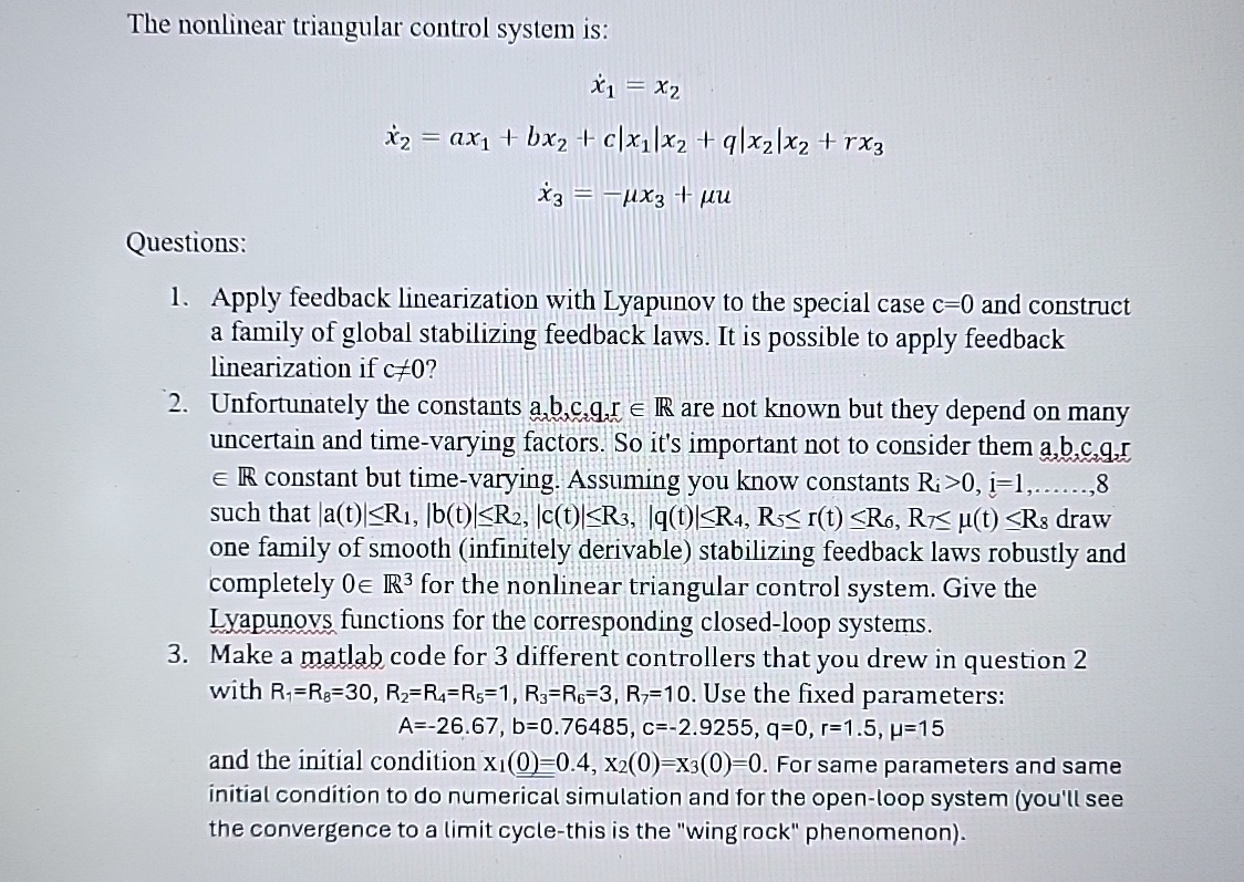 The nonlinear triangular control system | Chegg.com