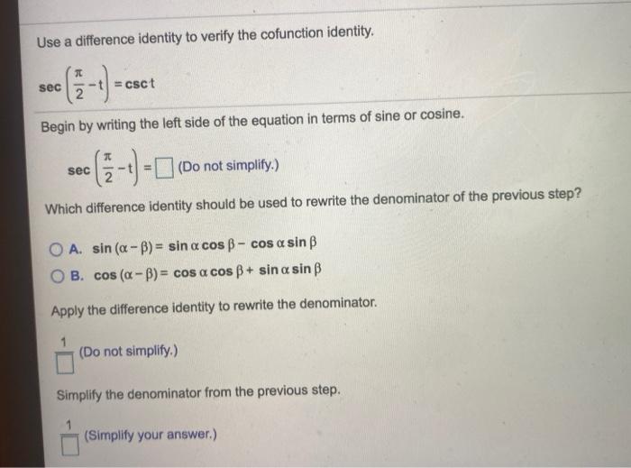 Solved Use a difference identity to verify the cofunction | Chegg.com