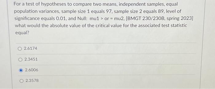 Solved For a test of hypotheses to compare two means, | Chegg.com