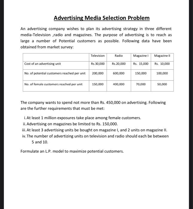 Solved An advertising company wishes to plan its advertising | Chegg.com