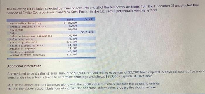 Solved The following list includes selected permanent | Chegg.com