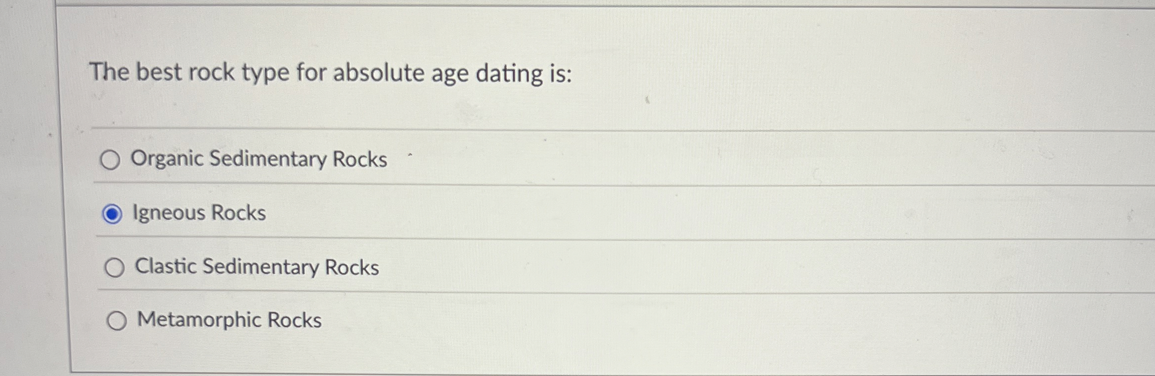 Solved The best rock type for absolute age dating is:Organic | Chegg.com