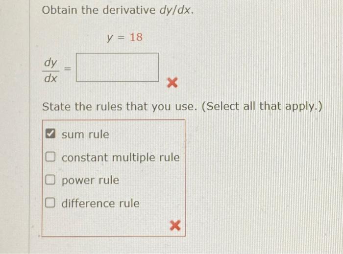 Solved Obtain the derivative dy/dx. dy dx || - y = 18 X | Chegg.com