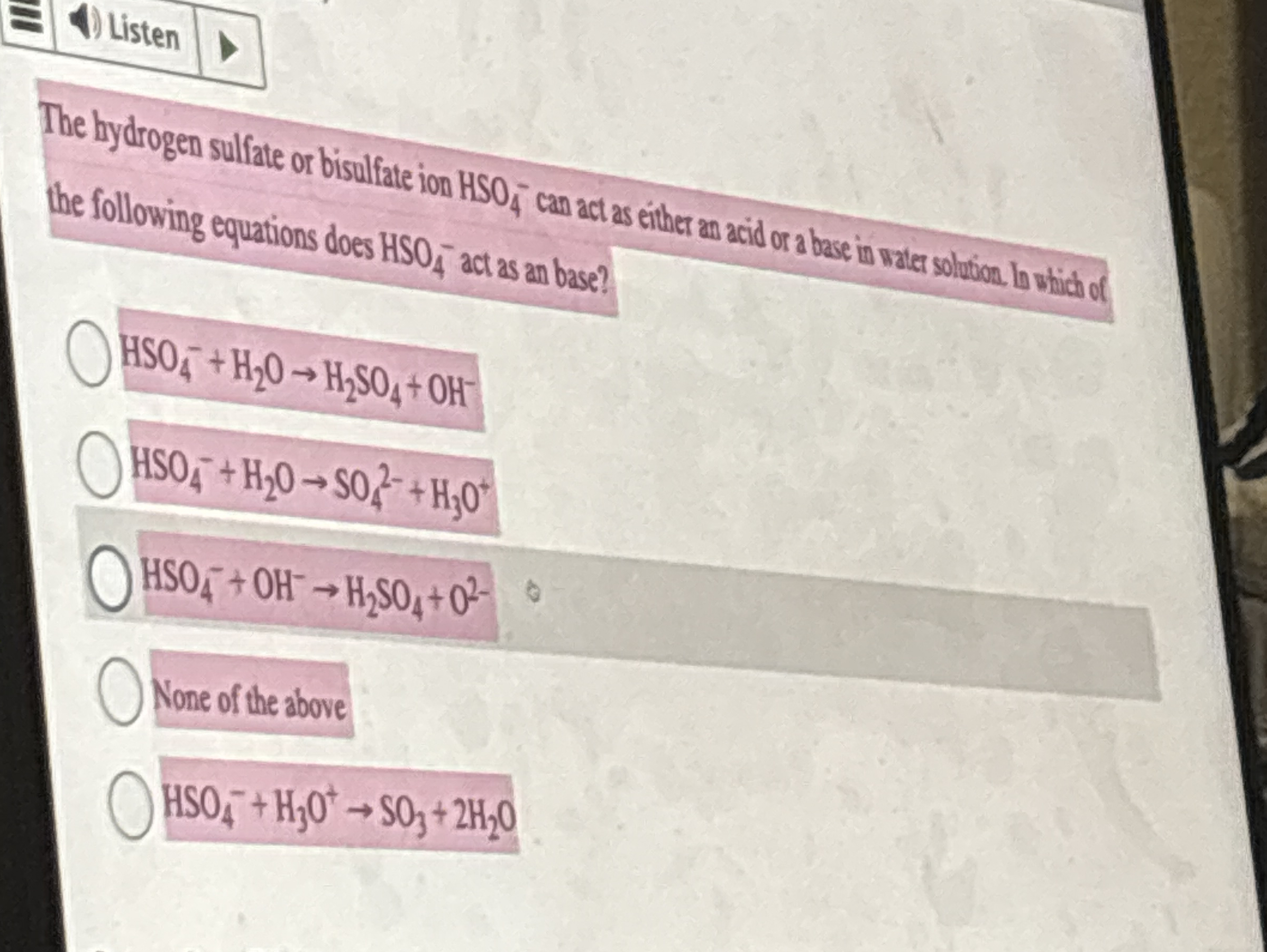 Solved Listenthe following equations does HSO4--act as an | Chegg.com