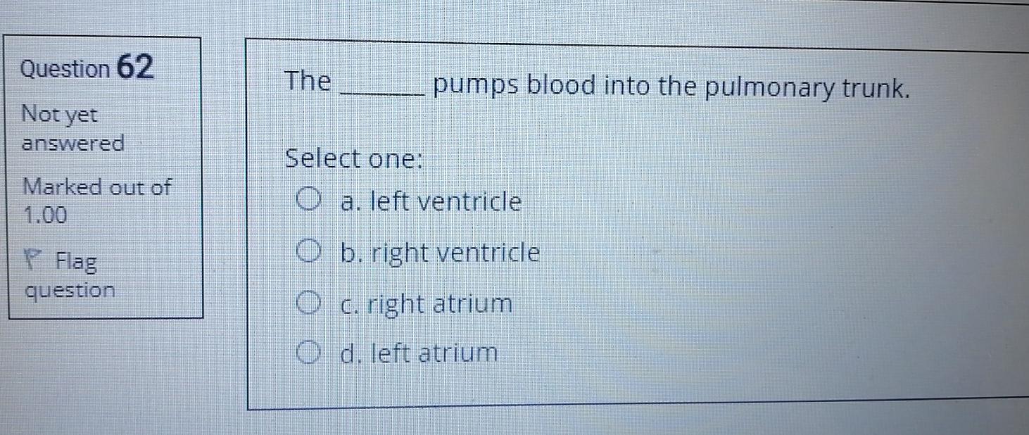 Solved Question 62 The pumps blood into the pulmonary trunk. | Chegg.com