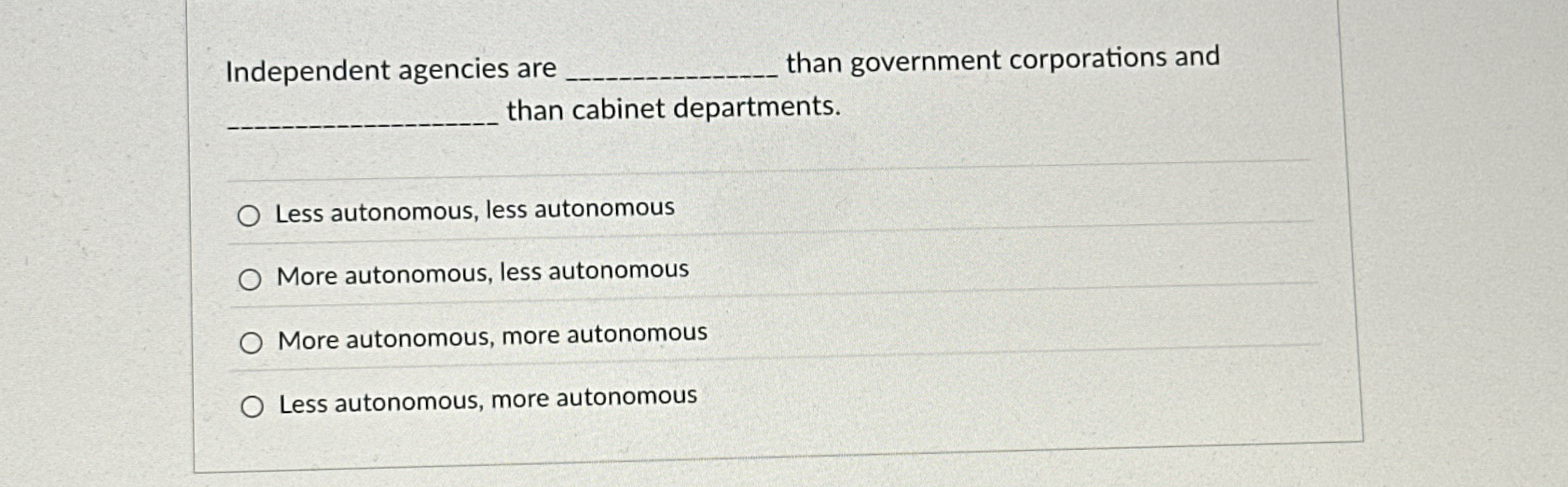 Solved Independent agencies arethan government corporations | Chegg.com