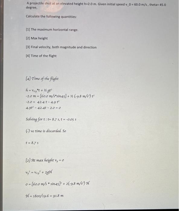 Solved A projectile shot at an elevated height h=2.0 m. | Chegg.com