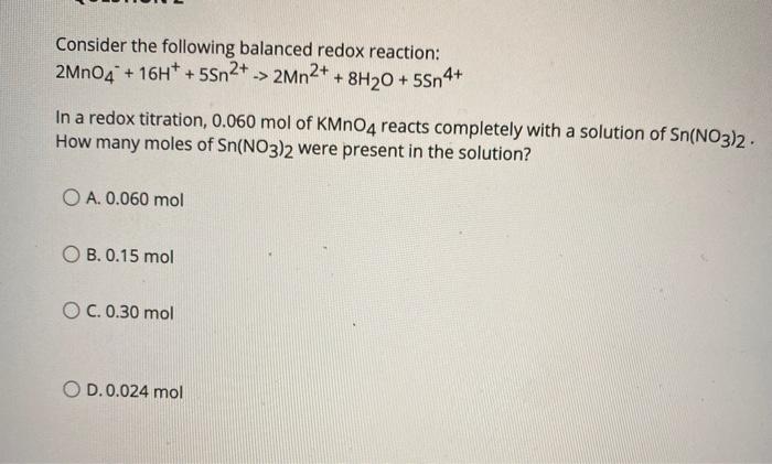 Solved Consider the following balanced redox reaction: 2MnO4 | Chegg.com Solved Consider the following balanced redox reaction: 2MnO4 | Chegg.com