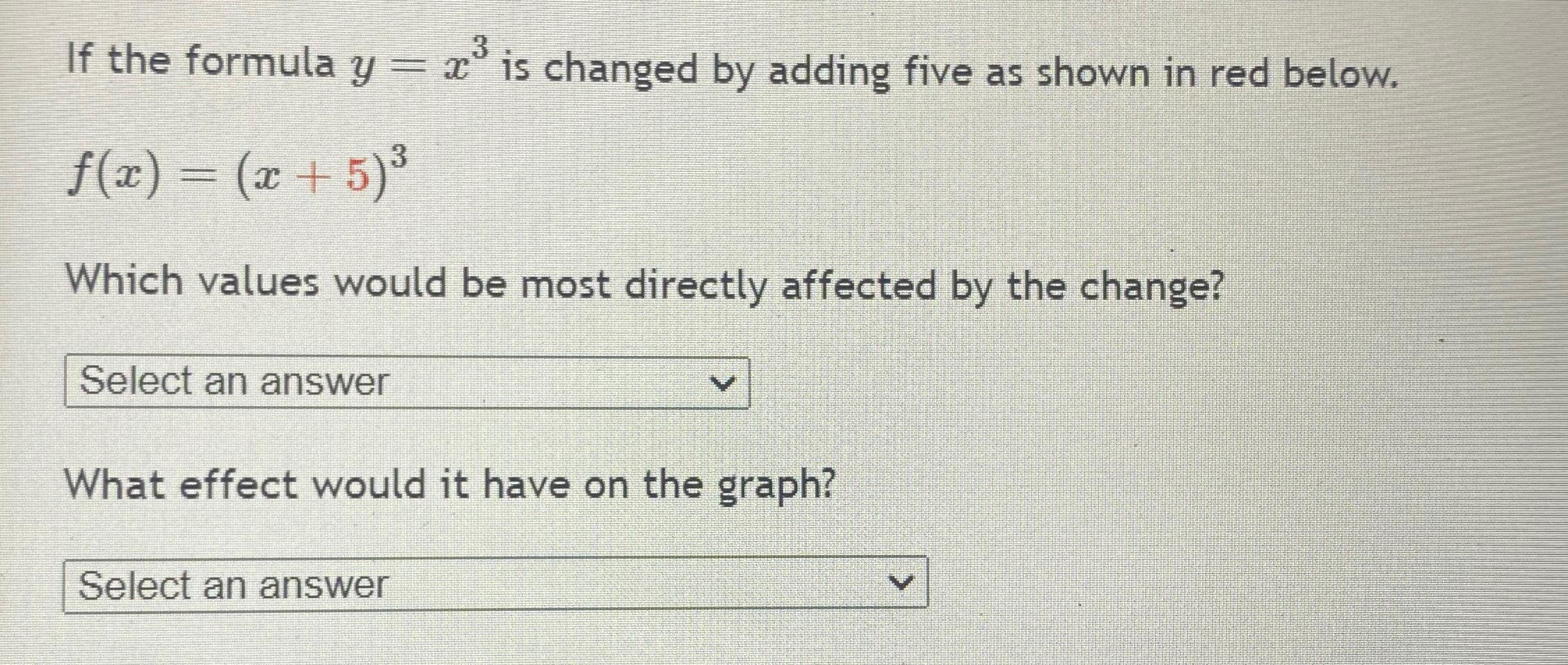 Solved If the formula y=x3 ﻿is changed by adding five as | Chegg.com