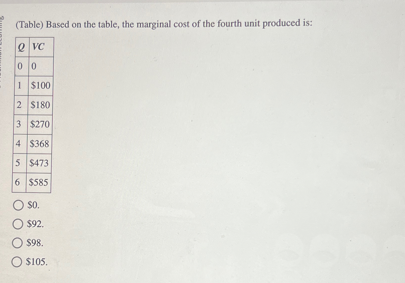Solved (Table) ﻿Based on the table, the marginal cost of the | Chegg.com
