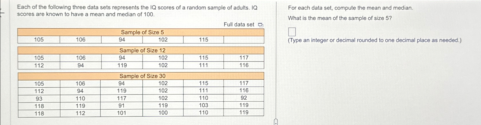 Solved Each of the following three data sets represents the | Chegg.com