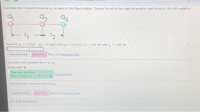 Solved Calculate the Coulomb force on q1 as seen in the | Chegg.com