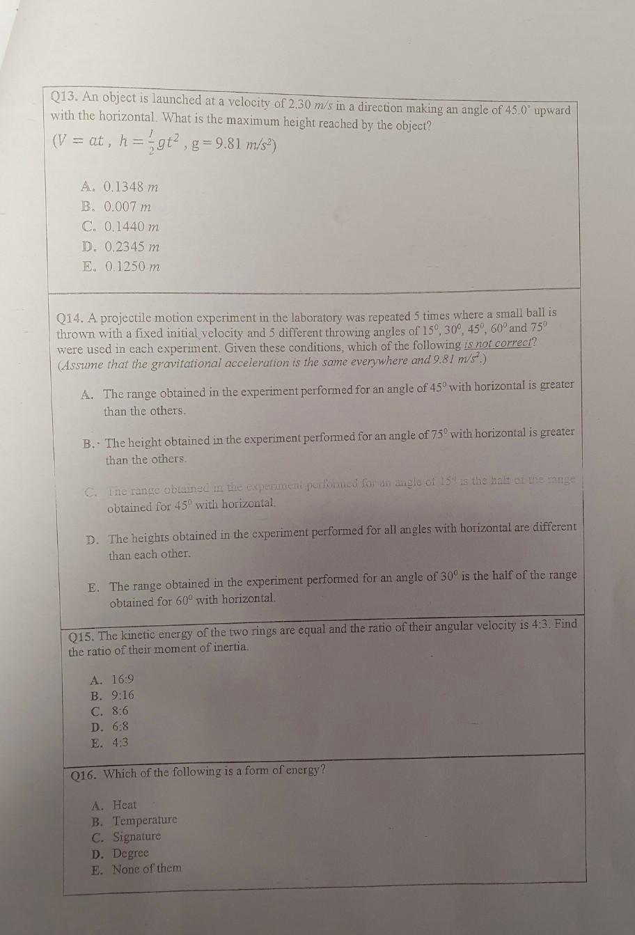 Solved Q13. An object is launched at a velocity of 2.30 m/s | Chegg.com