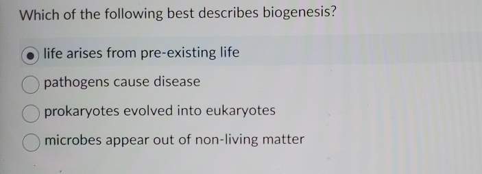 Solved Which of the following best describes biogenesis?life | Chegg.com