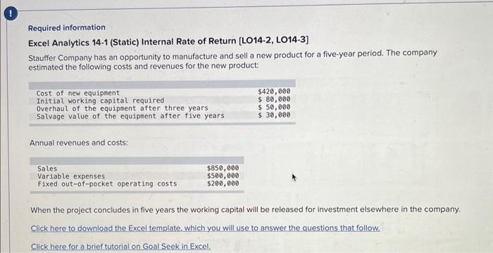 Required information Excel Analytics 14-1 (Static) | Chegg.com
