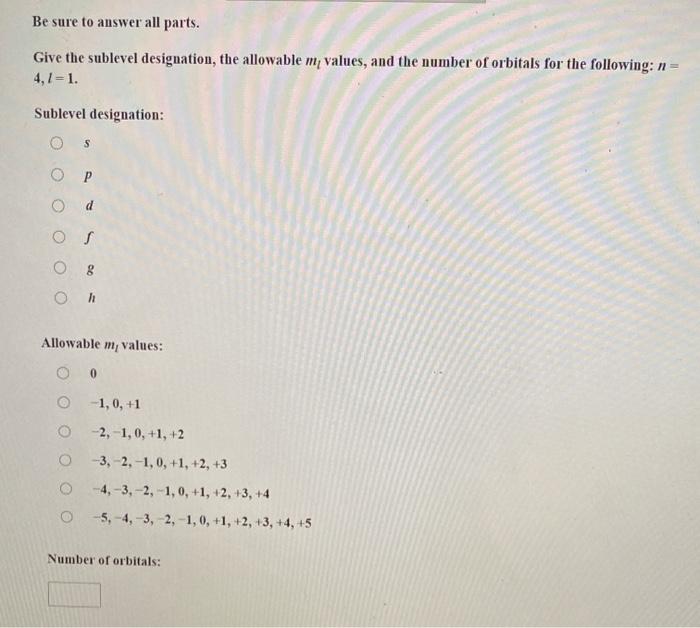 Solved Be sure to answer all parts. Give the sublevel | Chegg.com