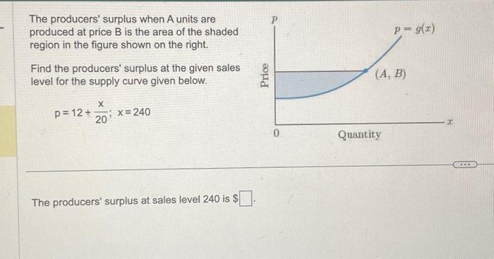 Solved The producers' surplus when A units are produced at | Chegg.com