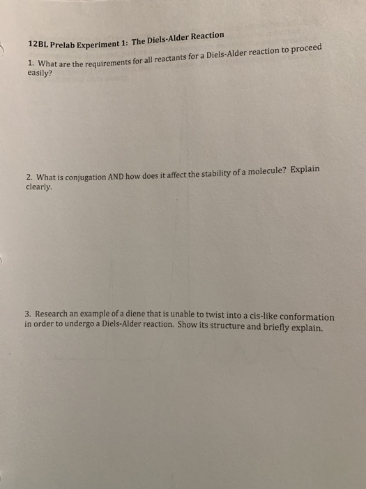 Solved 12BL Prelab Experiment 1: The Diels-Alder Reaction 1. | Chegg.com