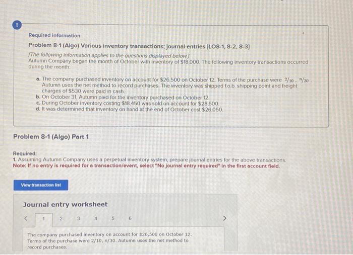Solved Required information Problem 8-1 (Algo) Various | Chegg.com