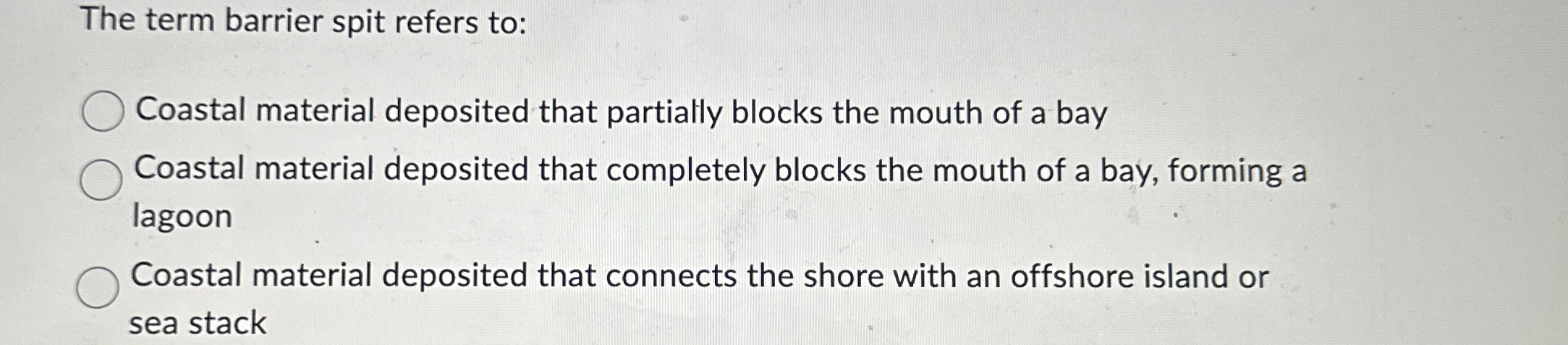 Solved The term barrier spit refers to:Coastal material | Chegg.com