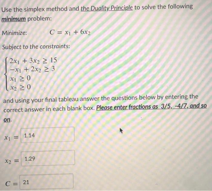 Solved Use the simplex method and the Duality Principle to | Chegg.com