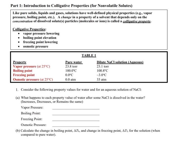 Solved Part 1: Introduction to Colligative Properties (for | Chegg.com