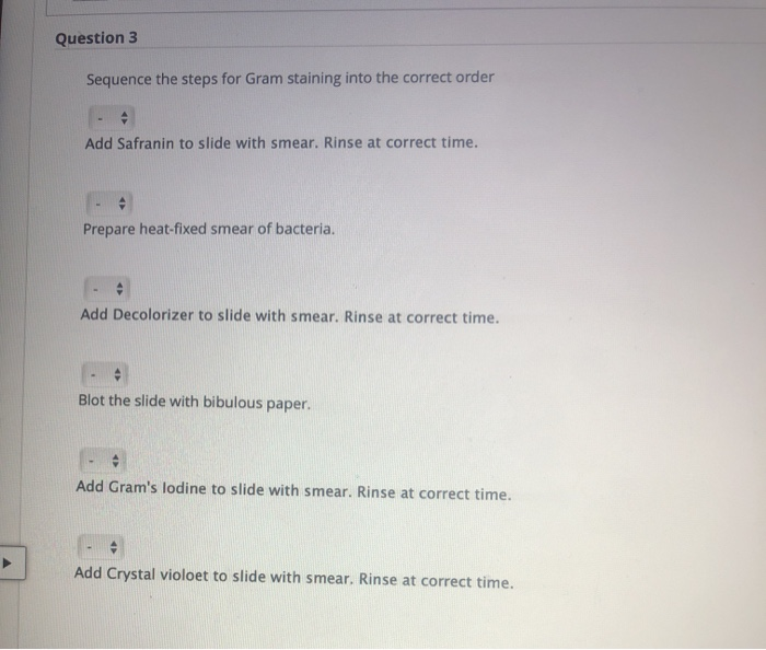 Solved Question 3 Sequence the steps for Gram staining into | Chegg.com