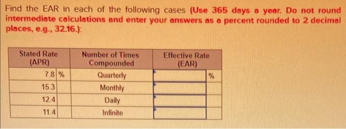Solved Find the EAR in each of the following cases (Use 365 | Chegg.com