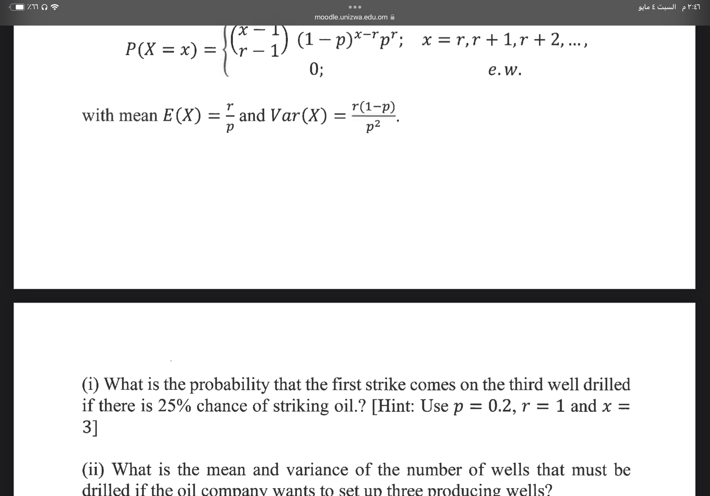 Solved %17ค↷with mean E(x)=rp ﻿and Var(x)=r(1-p)p2.(i) ﻿What | Chegg.com
