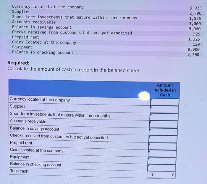 Solved Required: Calculate the amount of cash to report in | Chegg.com Solved Required: Calculate the amount of cash to report in | Chegg.com
