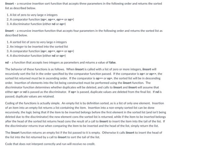 Solved iinsort - a recursive insertion sort function that | Chegg.com