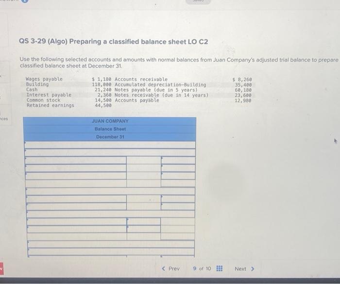 Solved QS 3-29 (Algo) Preparing a classified balance sheet | Chegg.com