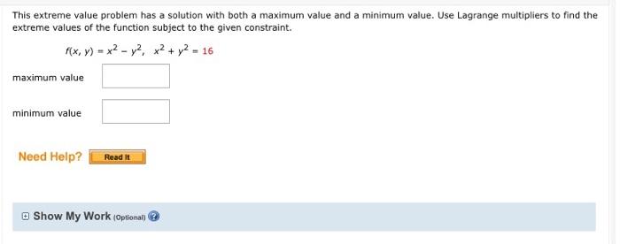 Solved This extreme value problem has a solution with both a | Chegg.com