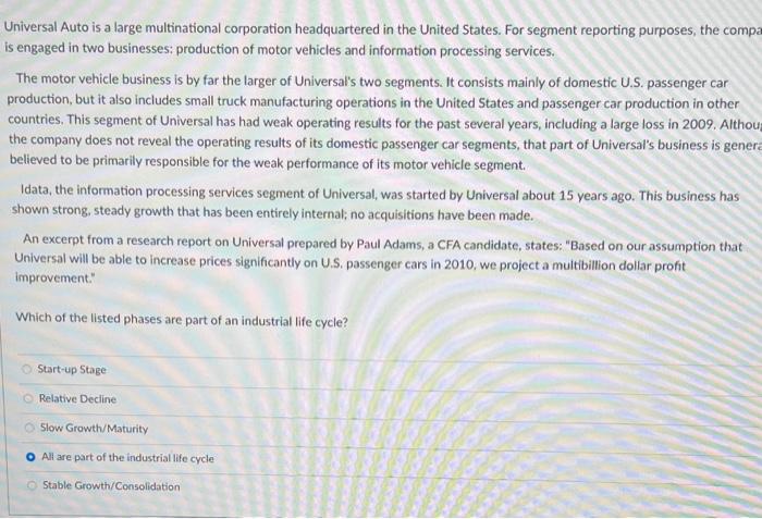 Solved Universal Auto is a large multinational corporation | Chegg.com