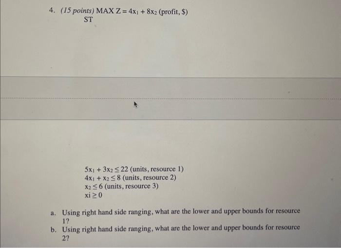 Solved 4. (15 points) MAXZ=4x1+8x2 (profit, \$) ST | Chegg.com