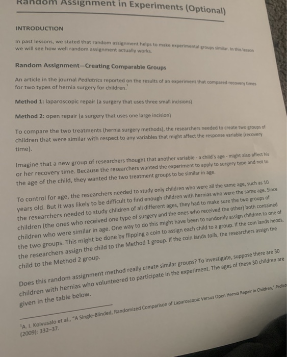 Random Assignment in Experiments (Optional) | Chegg.com