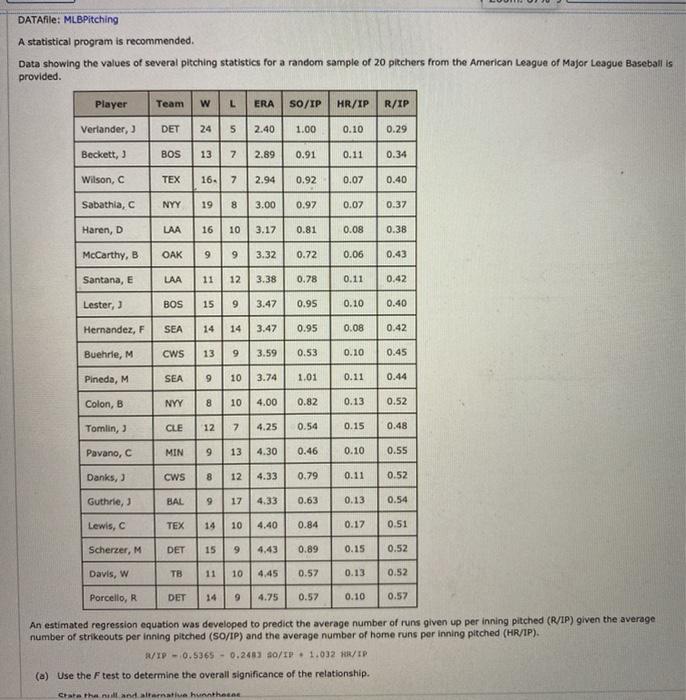 Solved DATAfile: MLBPitching A statistical program is | Chegg.com
