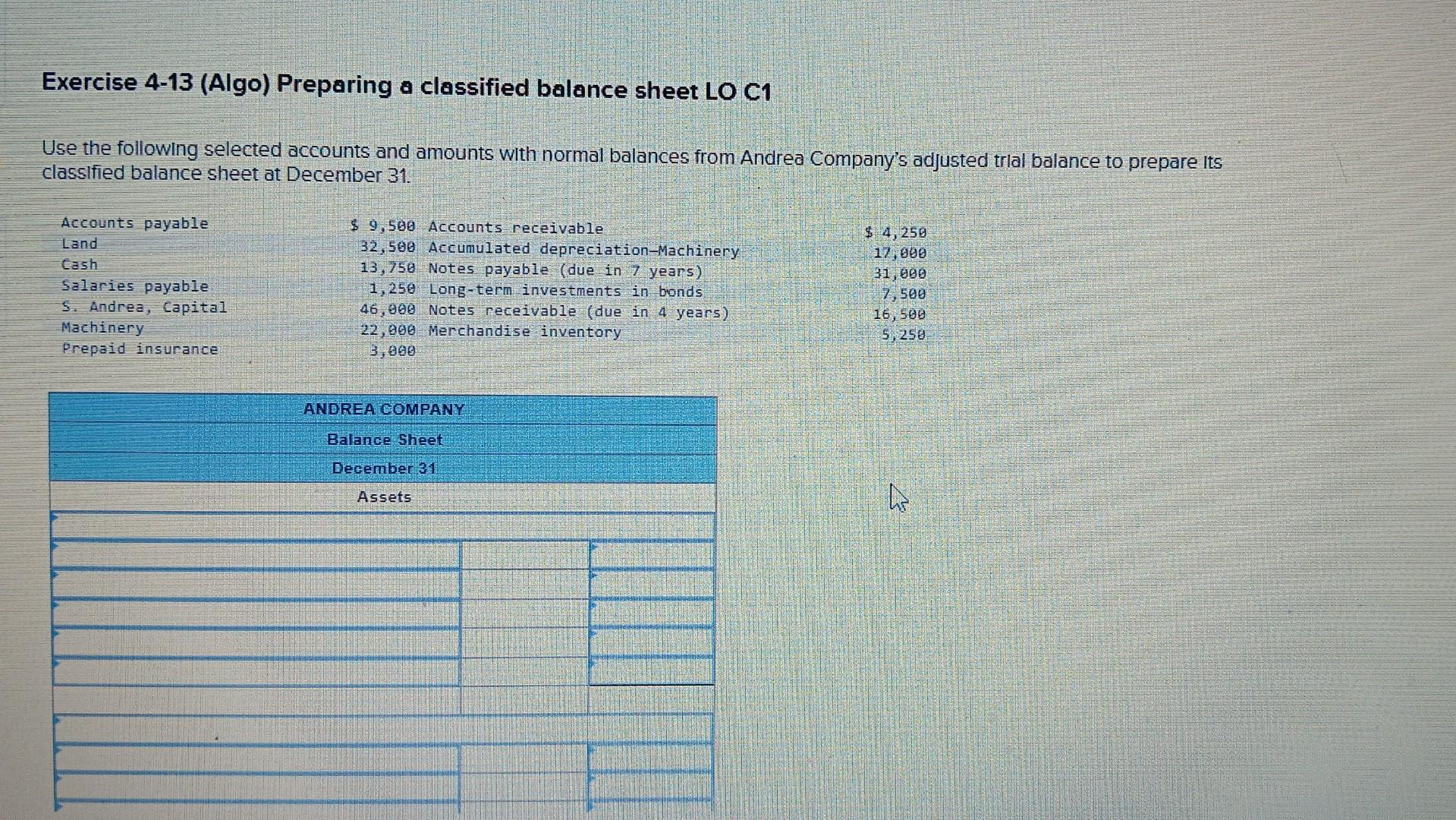 Solved Exercise 4-13 (Algo) Preparing a classified balance | Chegg.com Solved Exercise 4-13 (Algo) Preparing a classified balance | Chegg.com