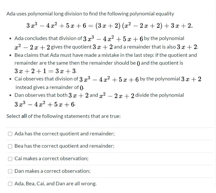 Solved Ada uses polynomial long division to find the | Chegg.com