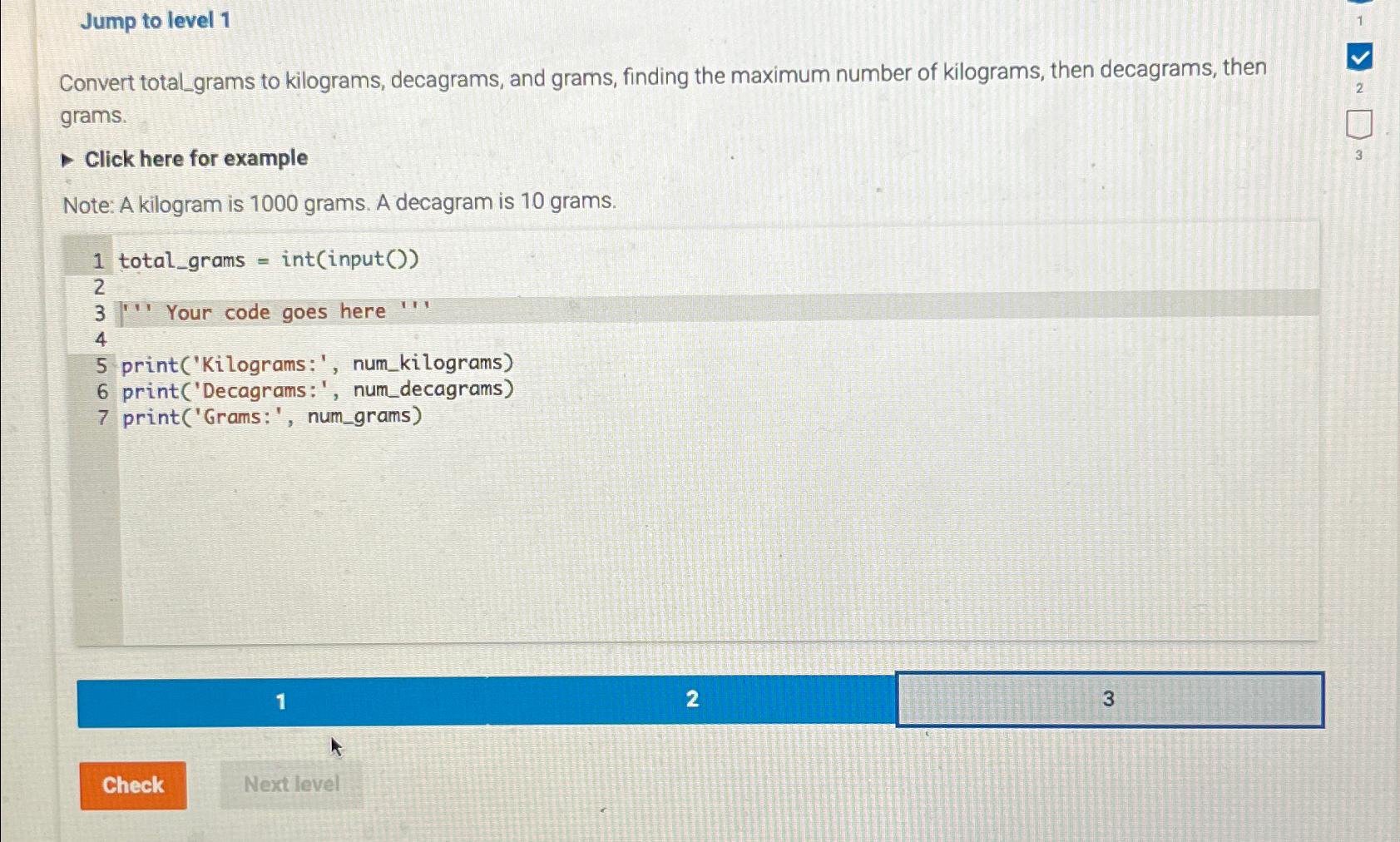 Solved Jump to level 1Convert total_grams to kilograms, | Chegg.com