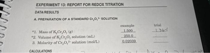 Solved EXPERIMENT 13: REPORT FOR REDOX TITRATION DATARESULTS | Chegg.com