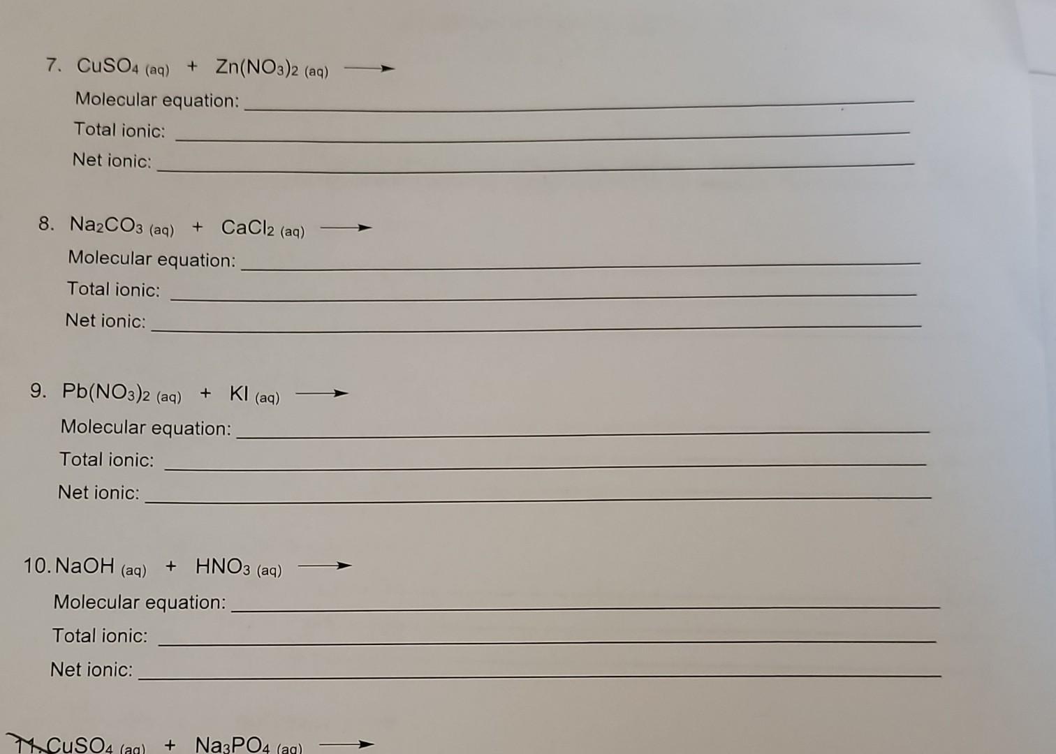 Solved For each reaction, write a balanced molecular, total | Chegg.com
