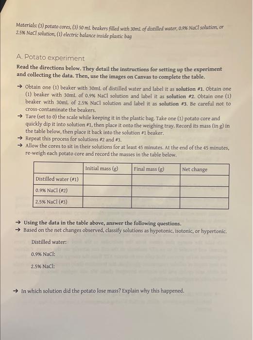 Solved Materials: (3) potato cores, (3) 50 mL beakers filled | Chegg.com