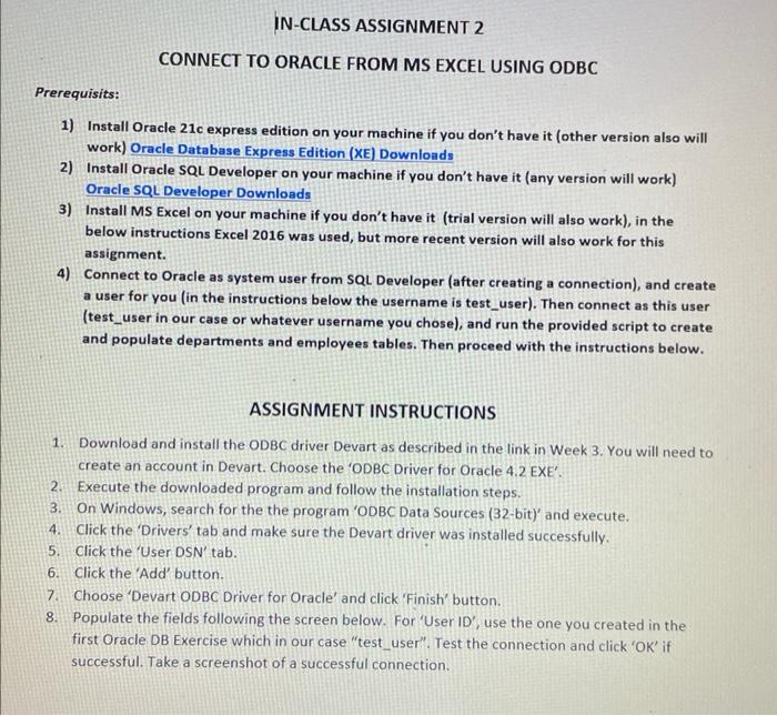 Solved IN-CLASS ASSIGNMENT 2 CONNECT TO ORACLE FROM MS EXCEL | Chegg.com