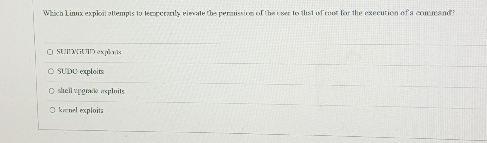 Solved Which Linux exploit attempts to temporarily elevate | Chegg.com