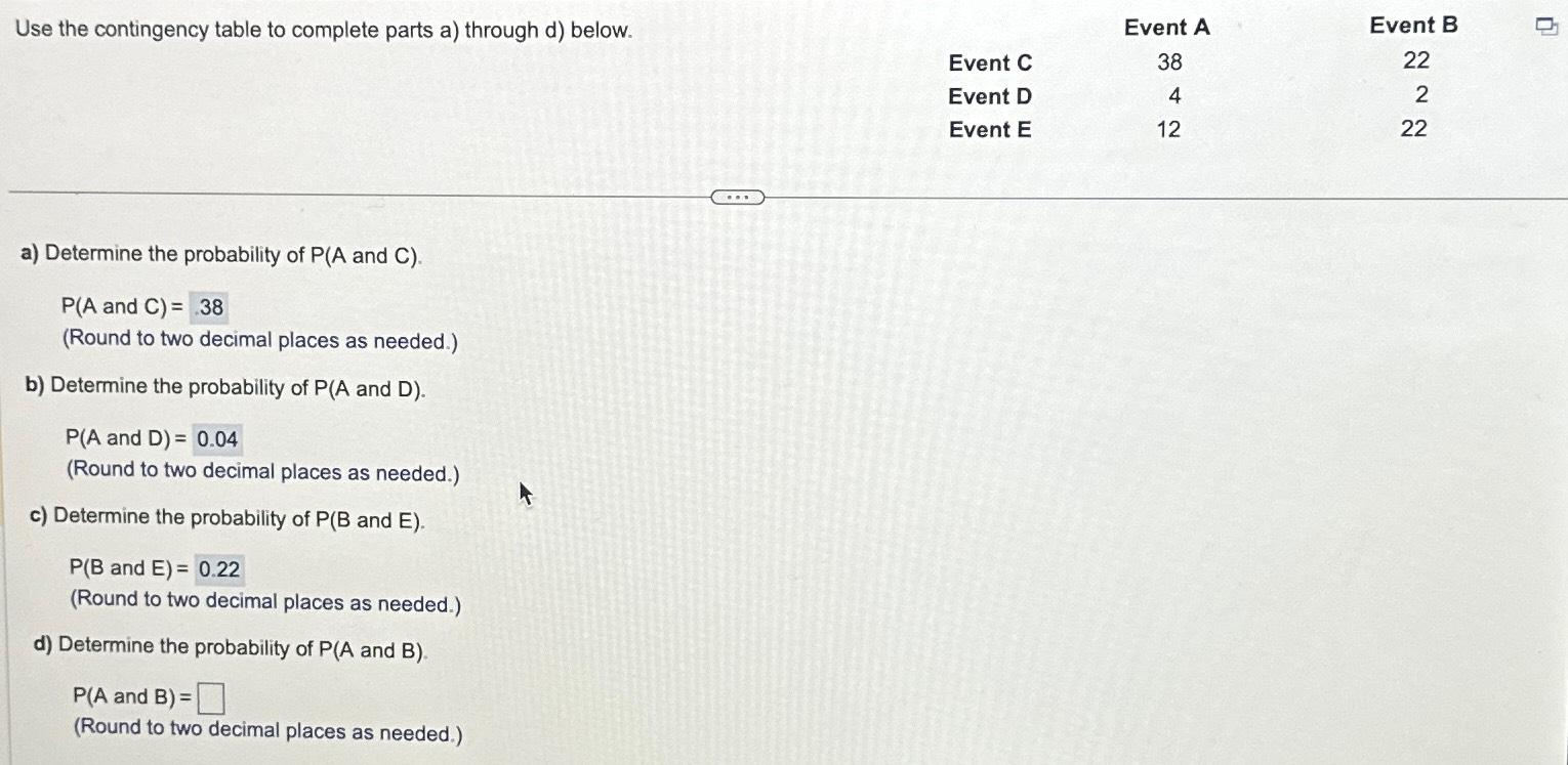 Solved Use the contingency table to complete parts a) | Chegg.com