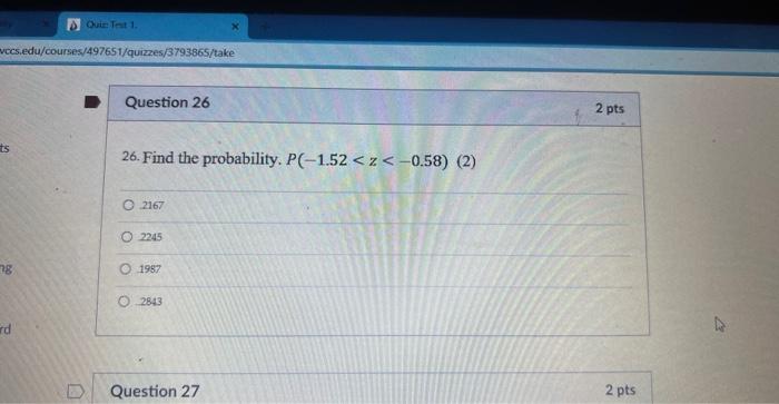 Solved 26. Find the probability. P(−1.52 | Chegg.com